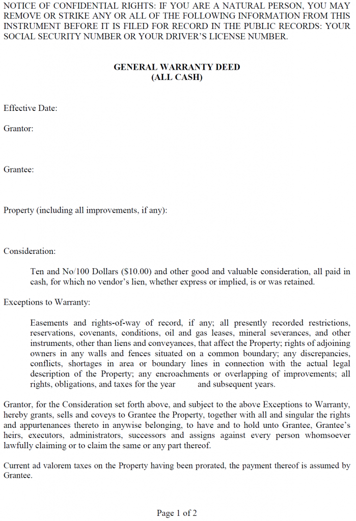 Texas General Warranty Deed – All Cash Form - Buy Important Real Estate ...