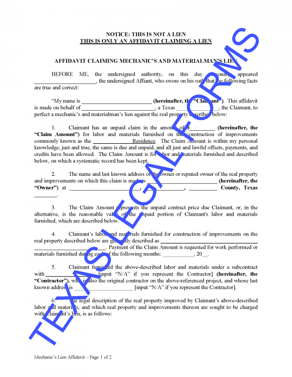Texas Mechanic's Lien Affidavit - Download Legal Forms Online And Get ...