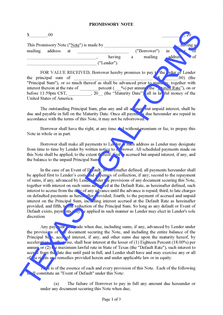 Promissory Note (Interest Due at Maturity) - Texas Legal Forms by David ...