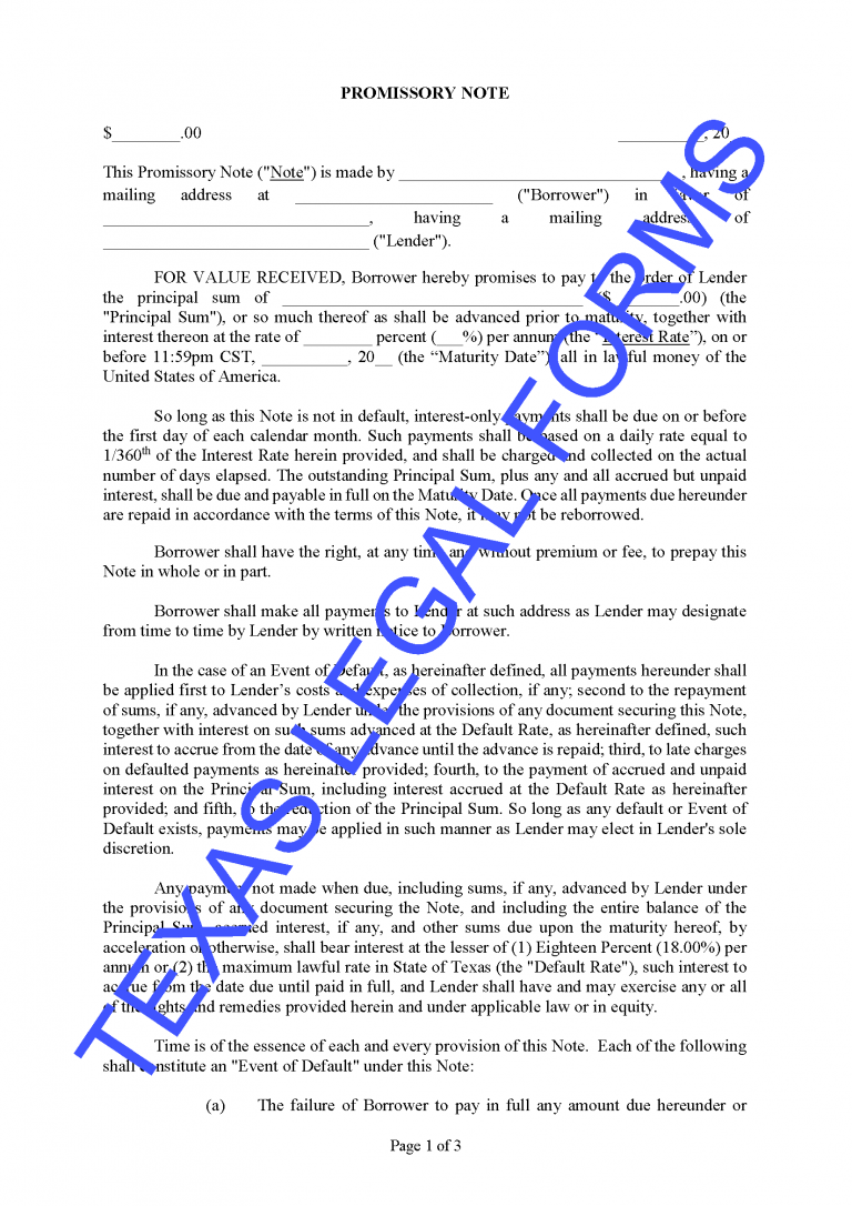 Promissory Note (Interest-Only Payments) - Texas Legal Forms by David ...