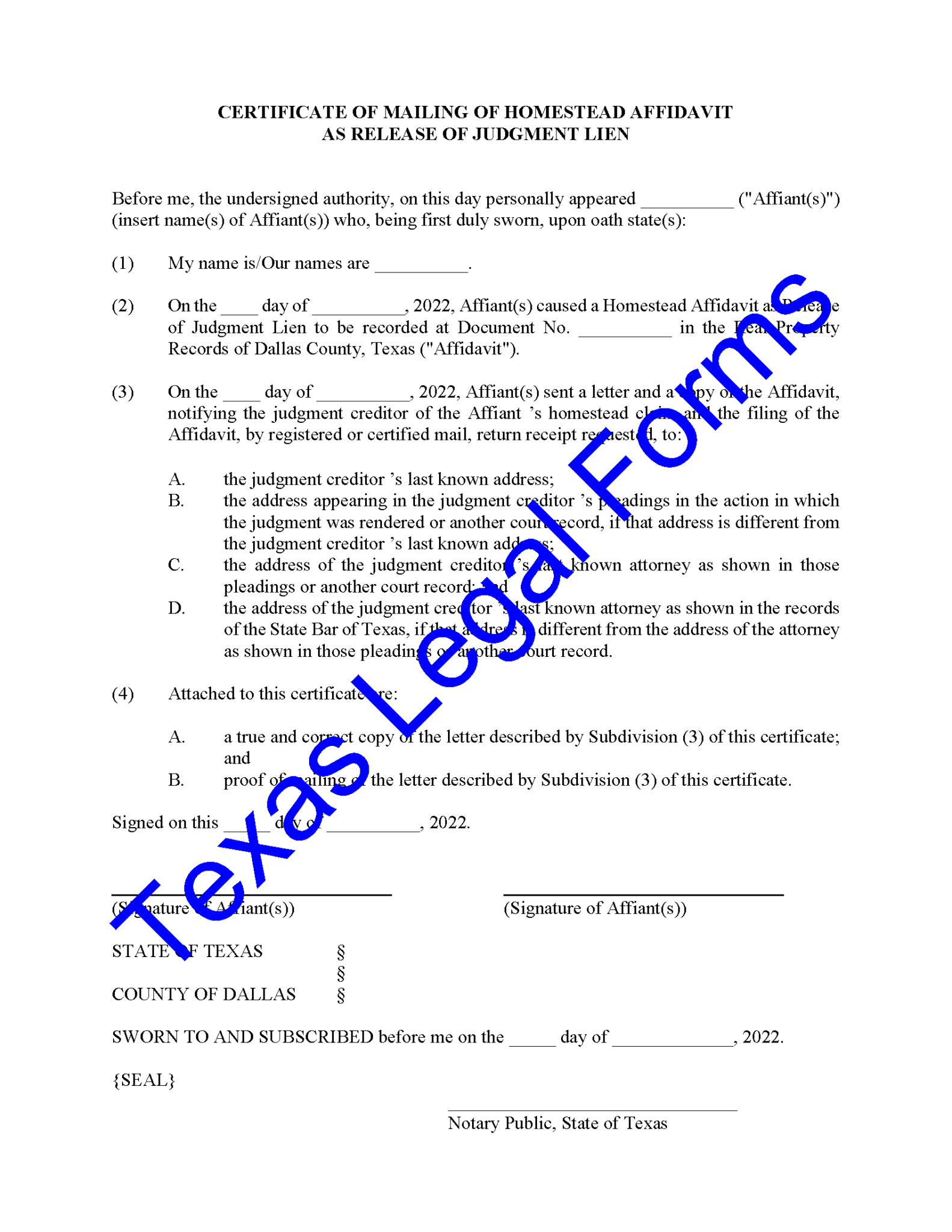 Certificate of Mailing of Homestead Affidavit - Texas Legal Forms by ...
