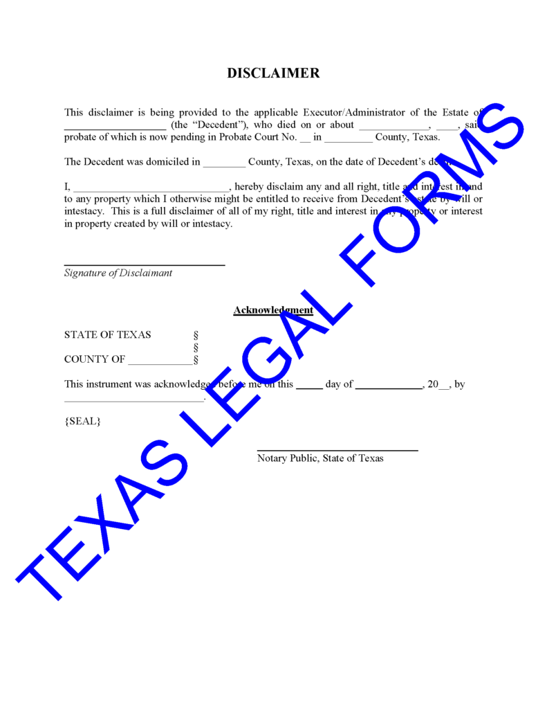 Disclaimer of Interest - Executor or Administrator Appointed - Texas ...