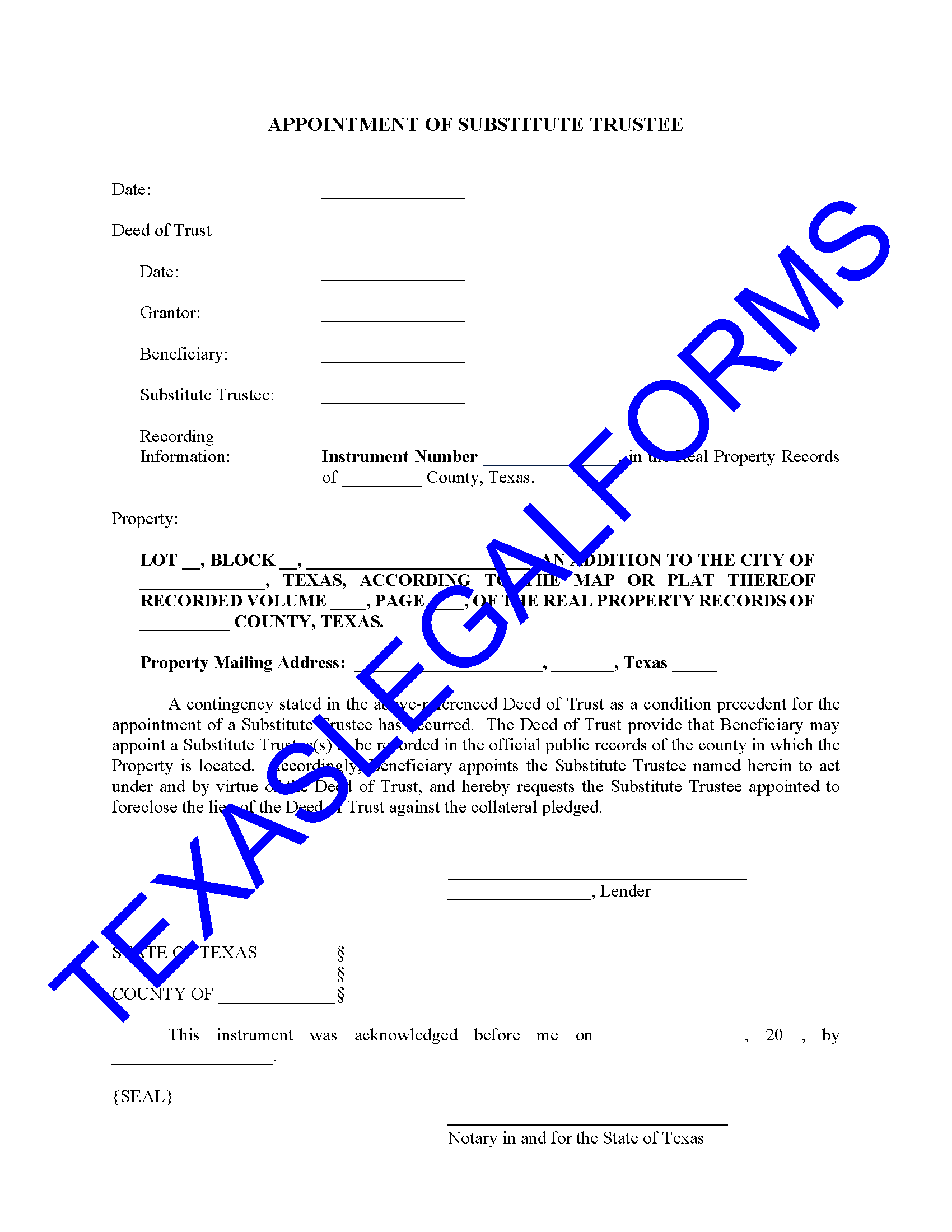 Appointment of Substitute Trustee - Texas Legal Forms by David Goodhart ...